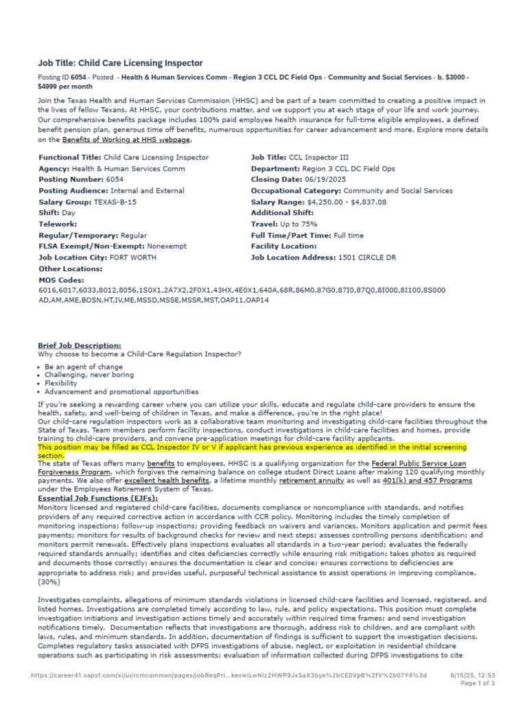 Texas Child Care Licensing Inspector Job | PDF | Child Care ...