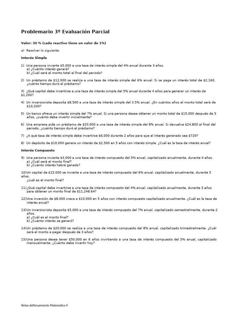 Problemario 3º P PM II 1 | PDF | Interés compuesto | Servicios financieros