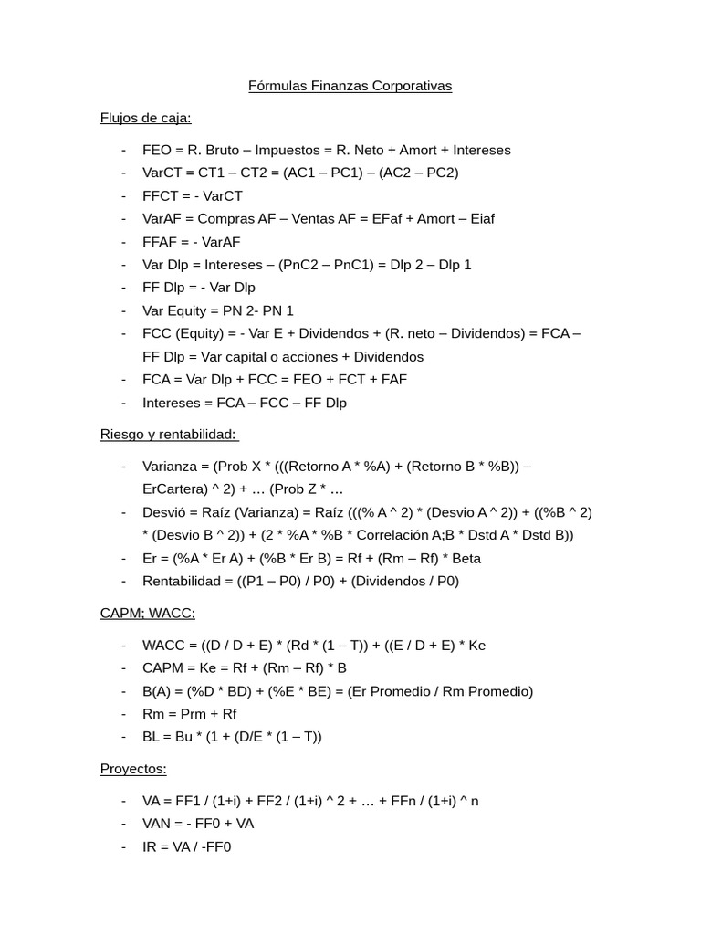 Fórmulas Finanzas Corporativas | PDF