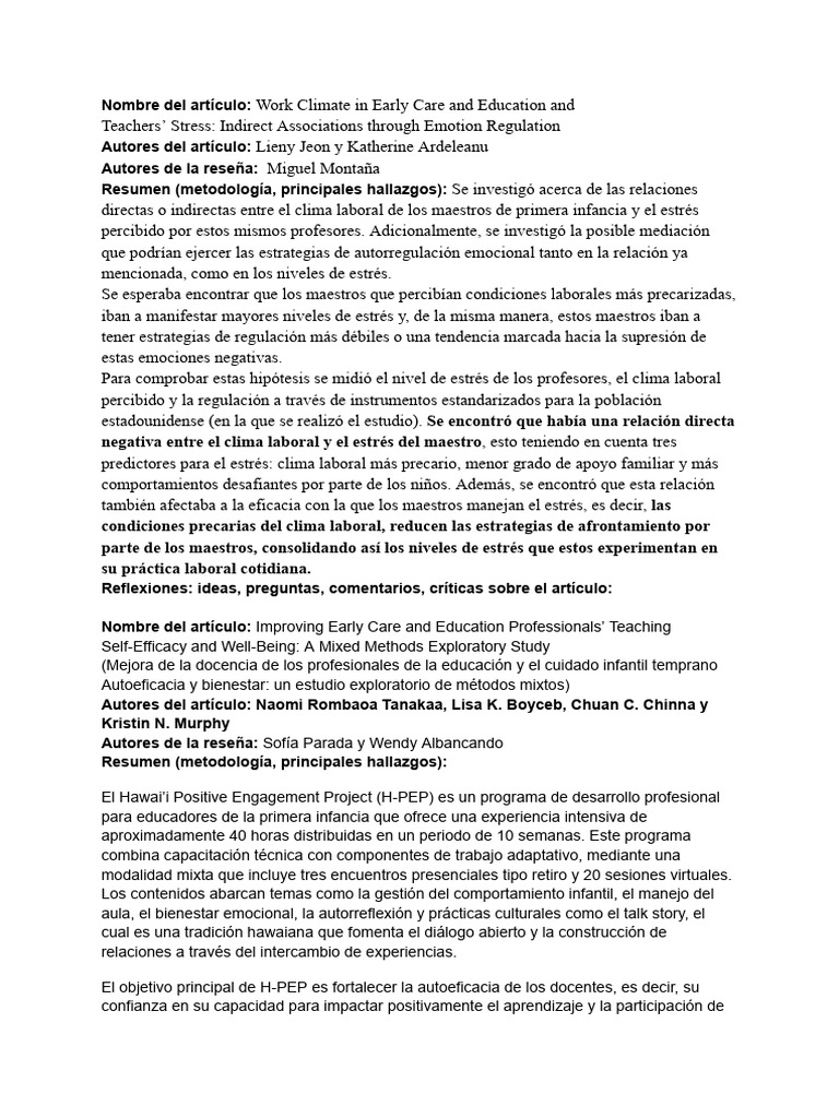 Reseña Artículos Especial de La Early Education and Development | PDF | Burnout ocupacional ...
