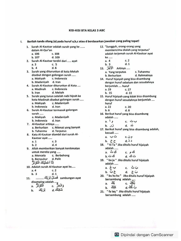 Soal Soal Bta Kelas 3 Mi | PDF