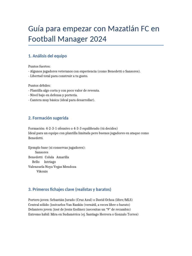 Guía Mazatlan FC FM24 | PDF | Defensor (Asociación de Fútbol) | Delantero (Asociación de Fútbol)