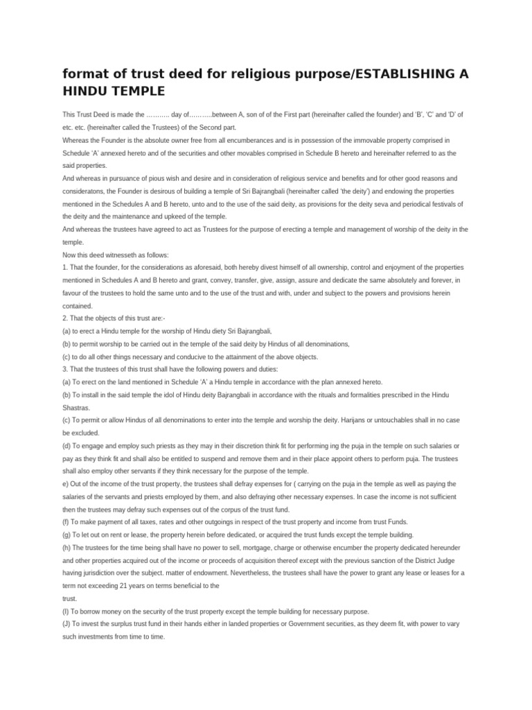 Hindu Temple Trust Deed Format | PDF | Trustee | Bankruptcy