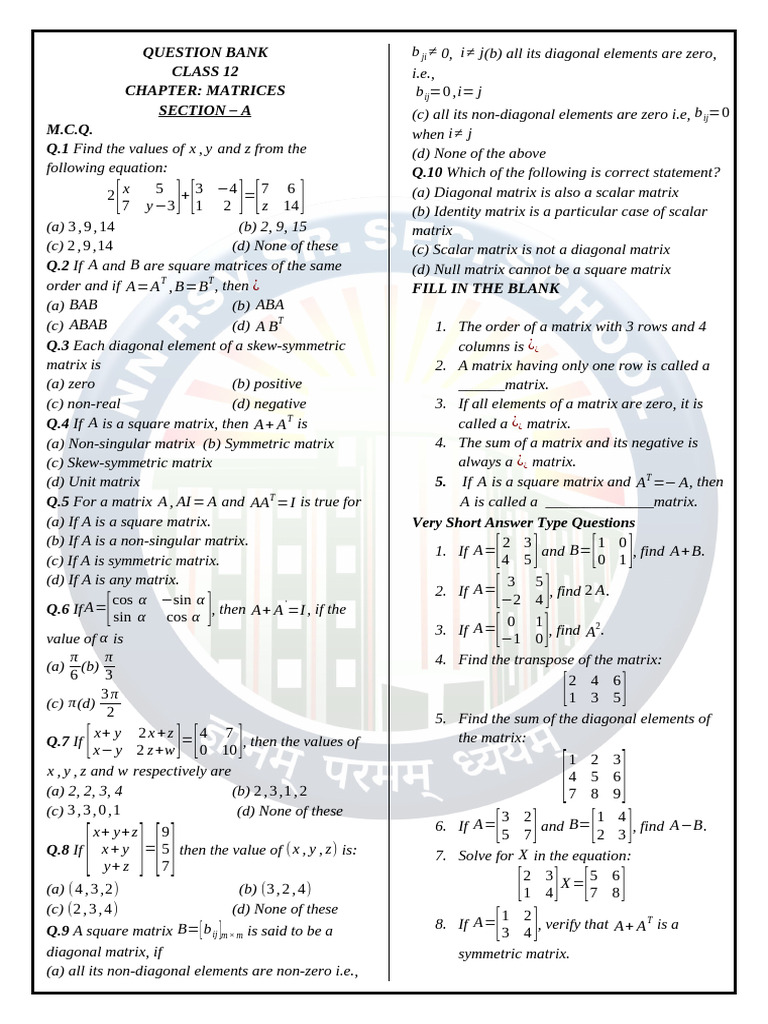 Question Bank Typed CH 3 Matrices | PDF | Matrix (Mathematics) | Mathematical Analysis