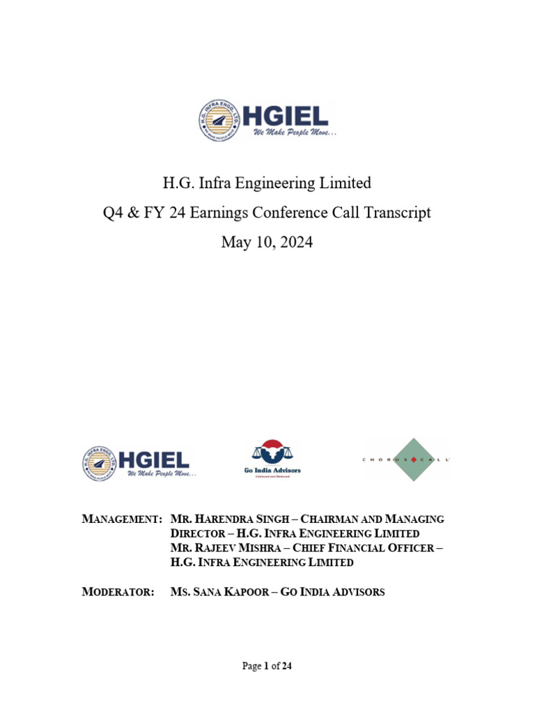HG Infra Earnings Conference Call Transcript q4 and Fy24 | PDF | Fiscal ...