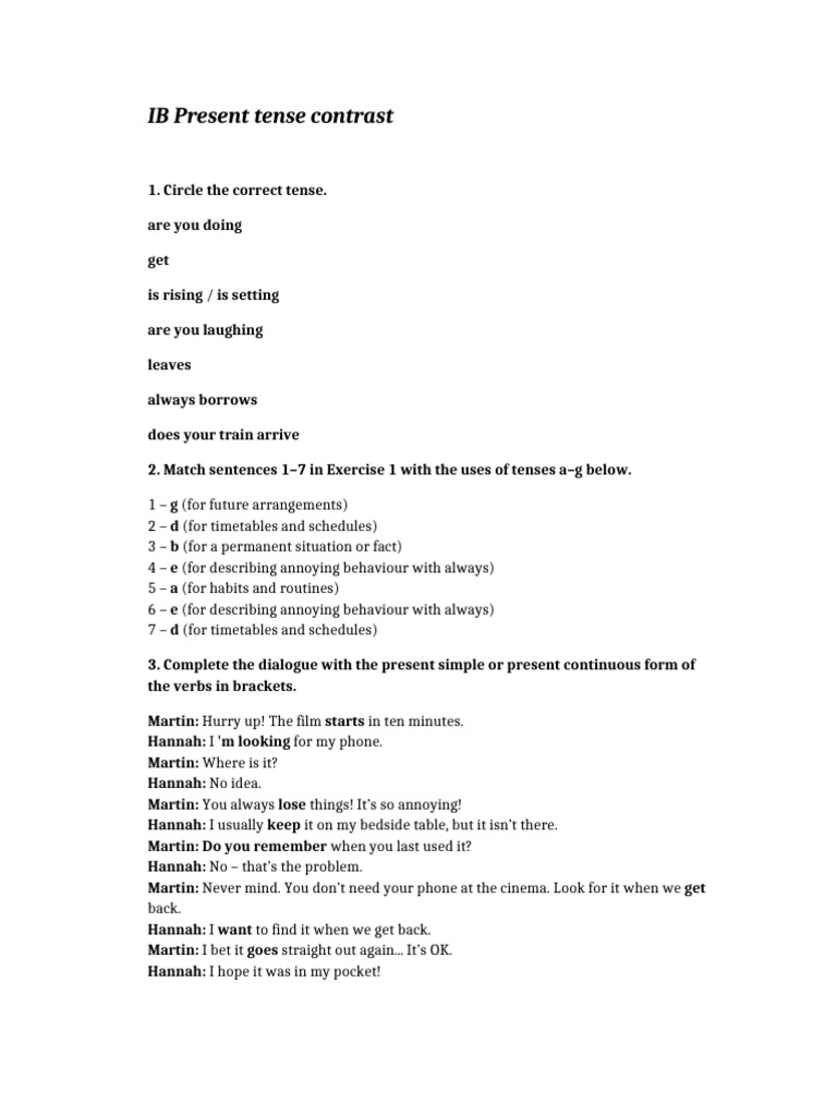 Present Tense Contrast Answers | PDF | Linguistics | Grammar