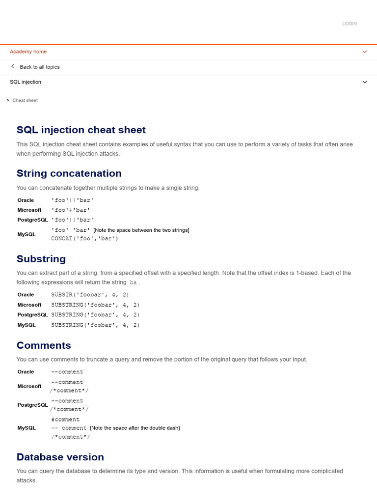 SQL Injection Cheat Sheet - Web Security Academy | PDF | Postgre Sql ...