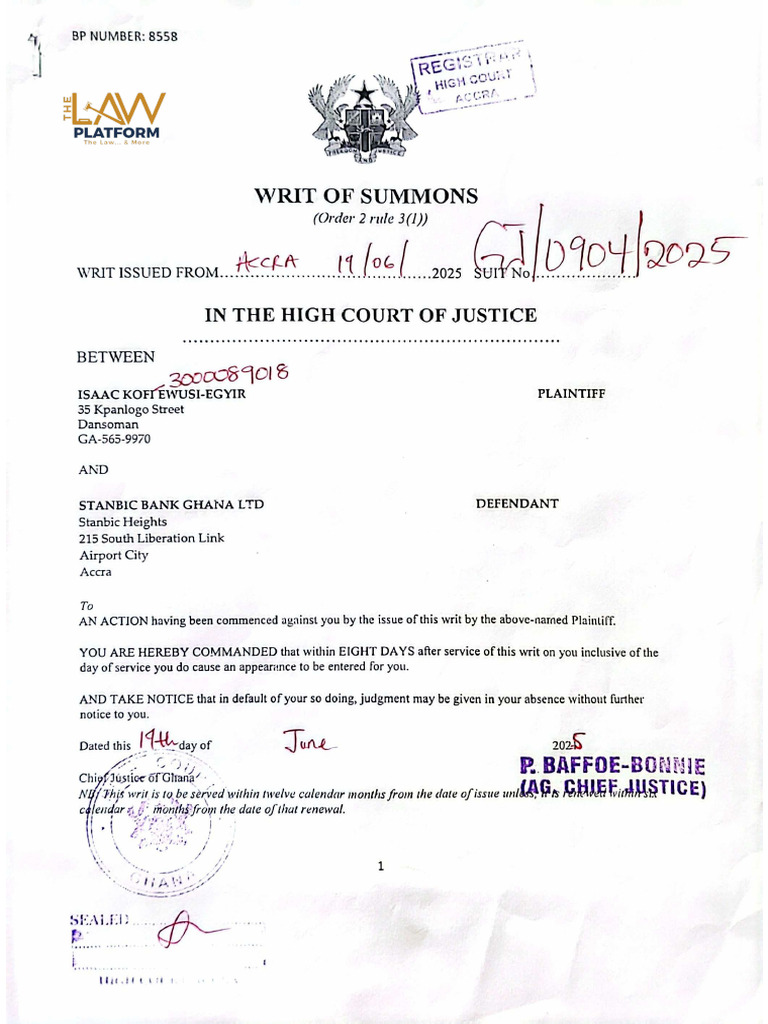 Writ of Summons and Statement of Claim Isaac Kofi Ewusi-Egyir V Stanbic ...