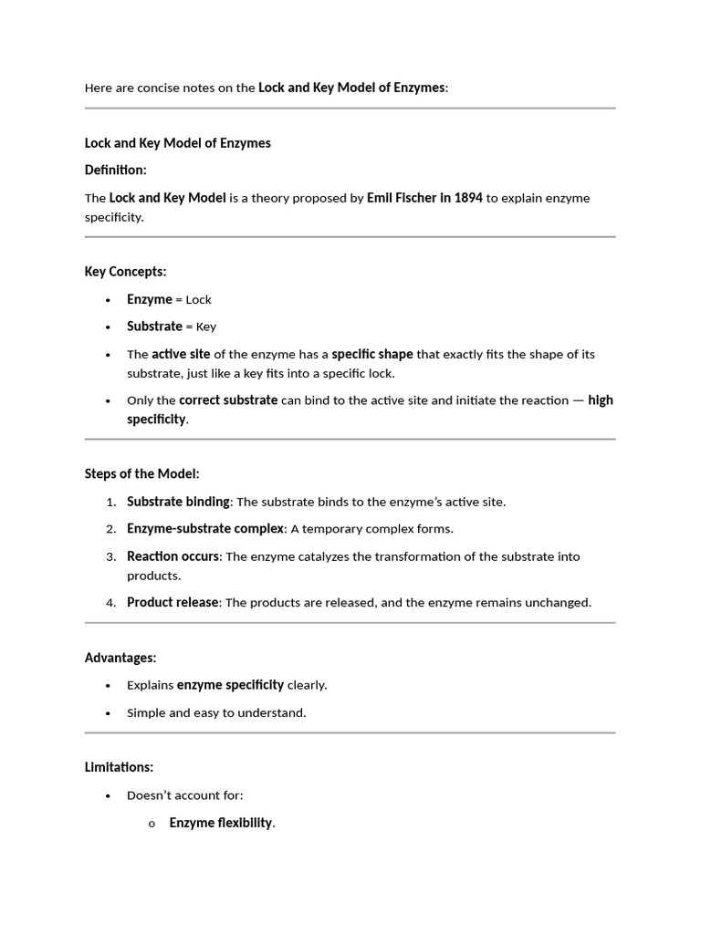 Here Are Concise Notes On The Lock and Key Model of Enzymes | PDF