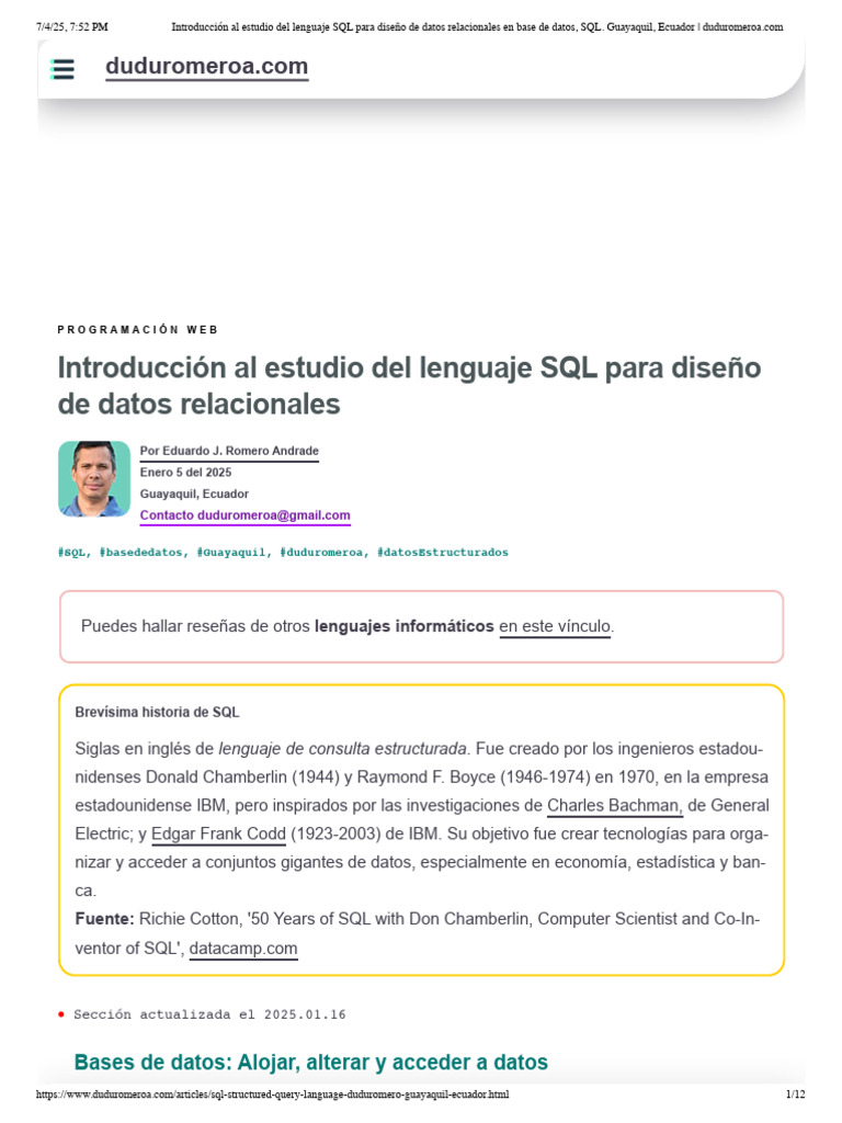 Introducción Al Estudio Del Lenguaje SQL para Diseño de Datos Relacionales en Base de Datos, SQL ...