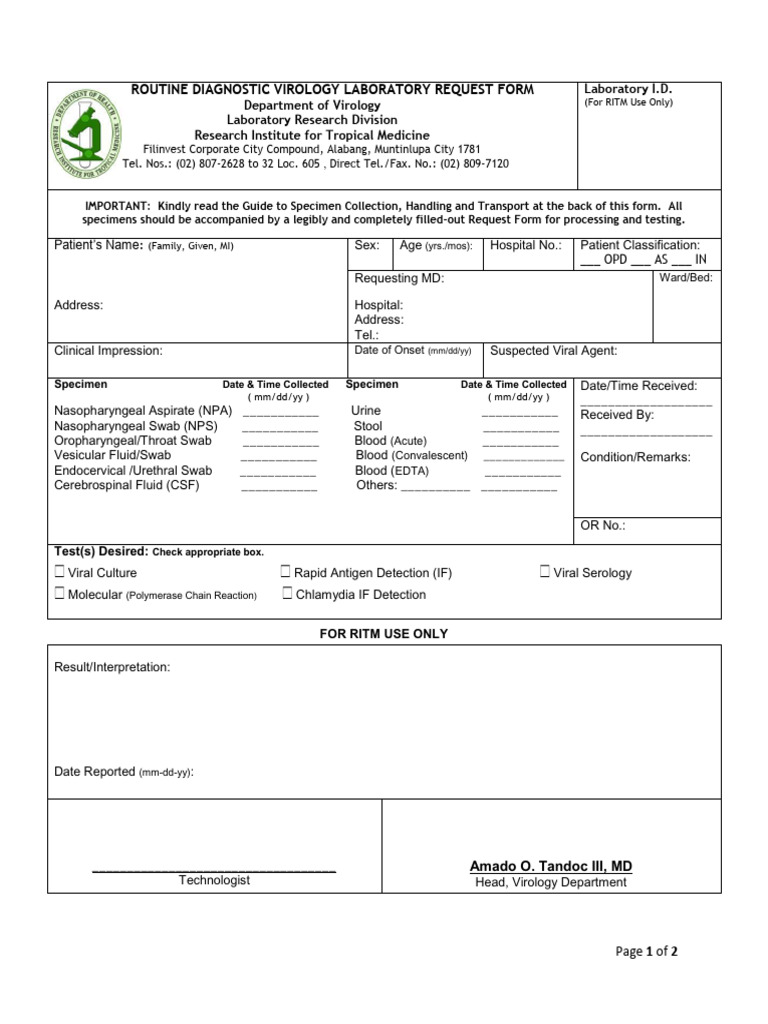 Virology Diagnostic Request Form | PDF | Serology | Virus