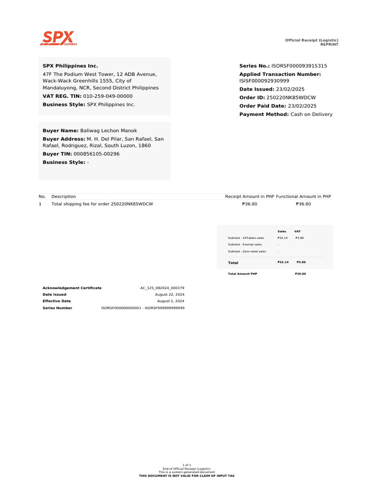 Shipping Fee Receipt for Order 250220NK85WDCW | PDF | Receipt | Value ...