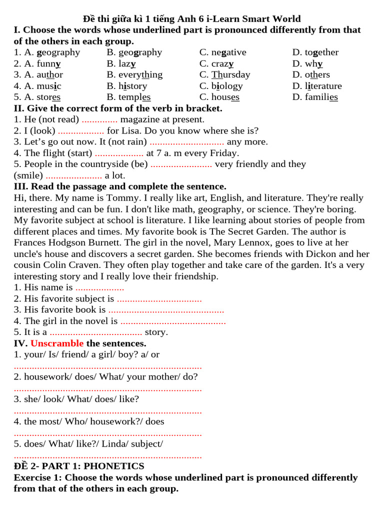 Đề Thi Giữa Kì 1 Tiếng Anh 6 | PDF | The Secret Garden | Linguistics