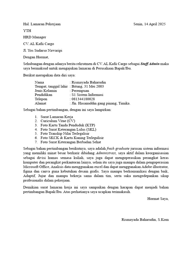 Lamaran Staff Admin di AL Kafii Cargo | PDF