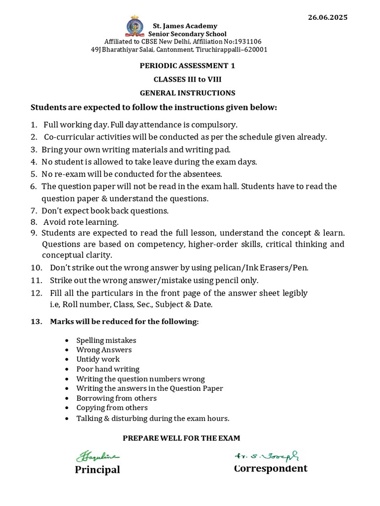 Periodic Assessment 1 Instructions For Classes 3 - 8 | PDF