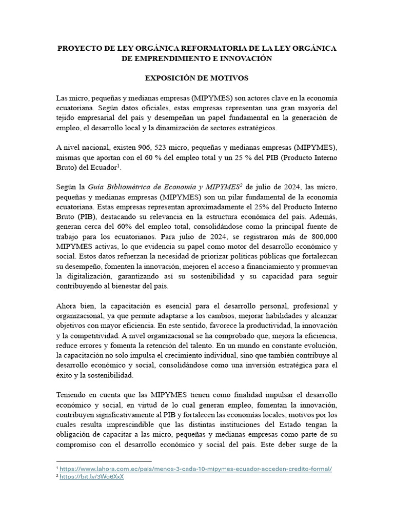 De Ley Orgánica Reformatoria de La Ley Orgánica de Emprendimiento e Innovación - Vcenteno | PDF ...