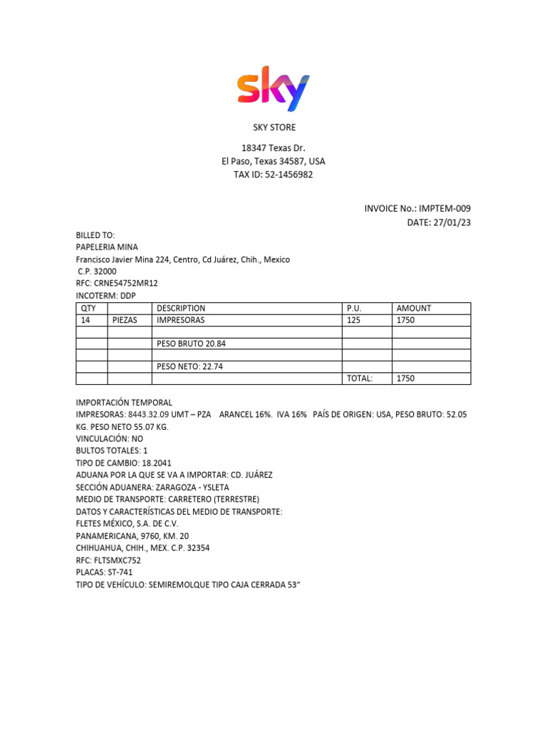 Sky Store Factura 009 | PDF