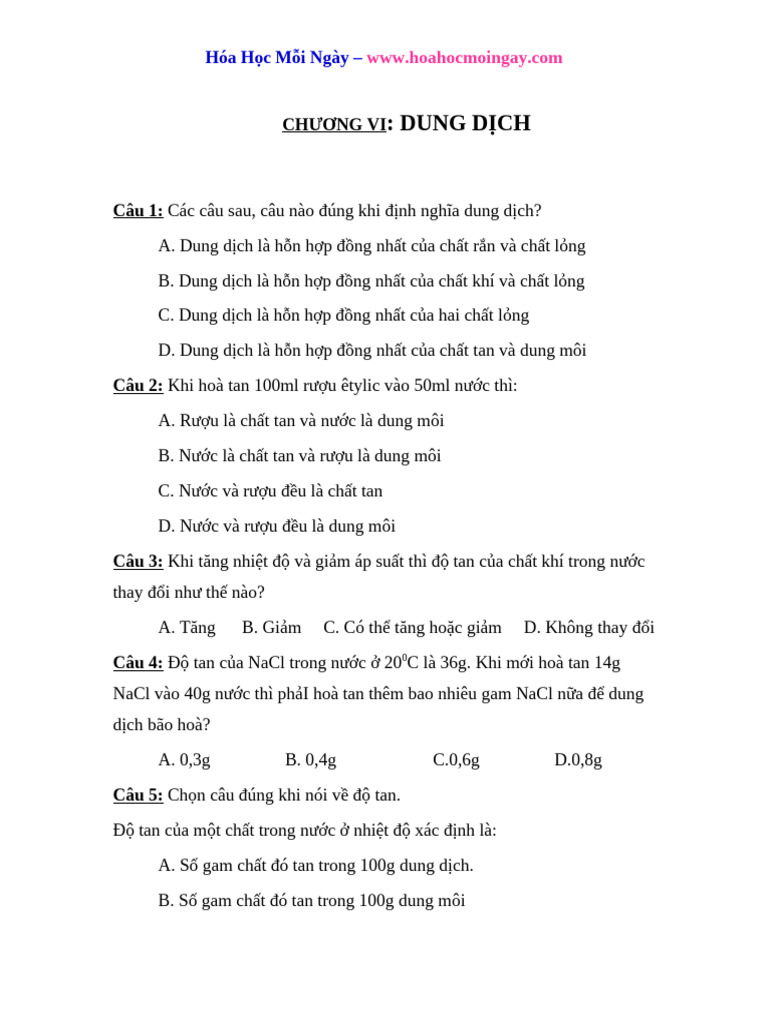 Trac Nghiem Chon Loc Chuong Dung Dich | PDF