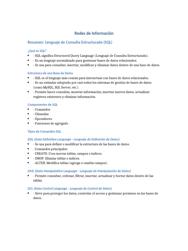 Resumen SQL Redes de Información | PDF