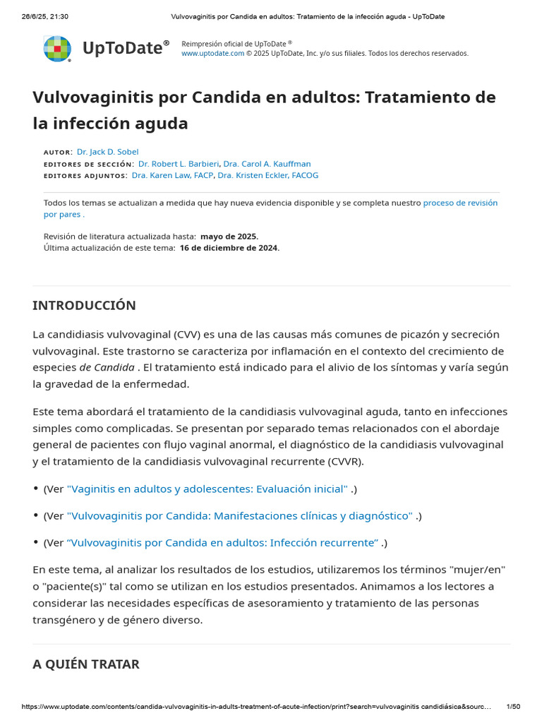 Vulvovaginitis Por Candida en Adultos - Tratamiento de La Infección Aguda - UpToDate | PDF ...