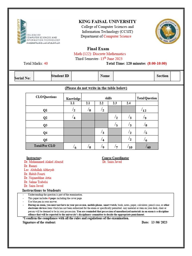 Discrete Mathematics Final Exam 2023 | PDF | Mathematics | Theoretical ...
