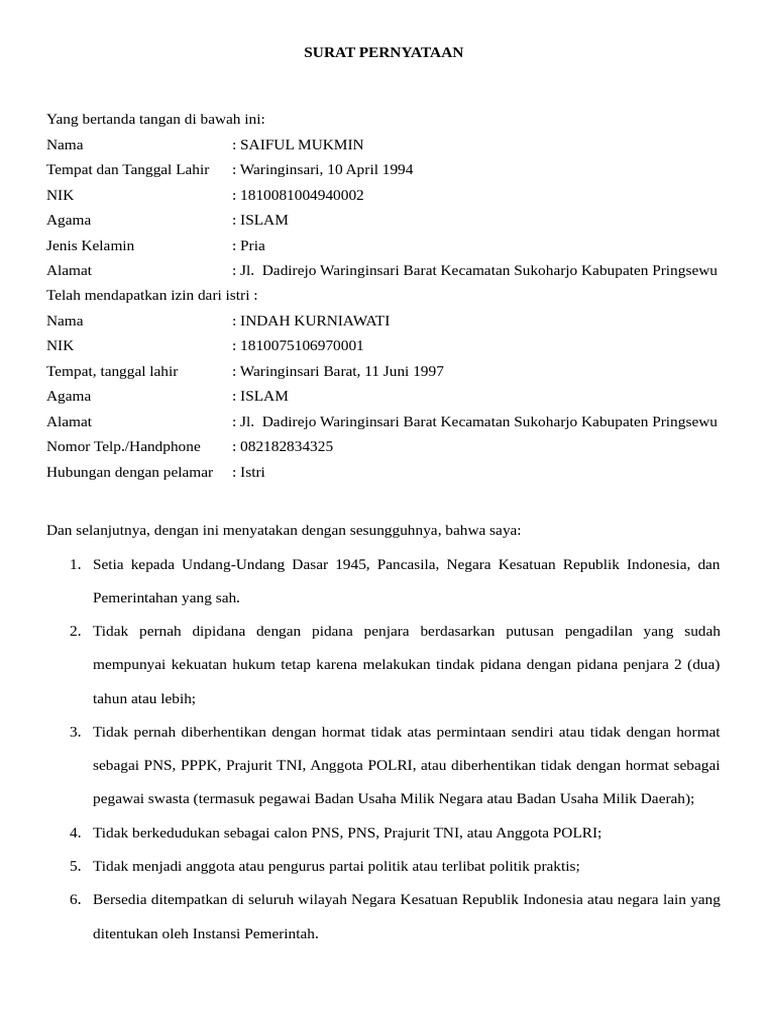 Surat Pernyataan | PDF