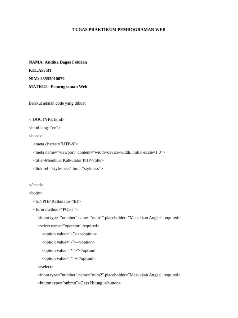 Tugas Praktikum Pemrograman Web Materi PHP | PDF