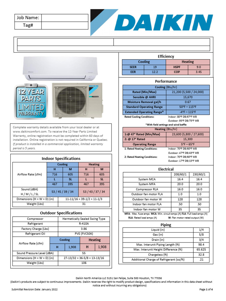 Daikin RX24AXVJU Heat Pump Specs | PDF | Engineering Thermodynamics ...