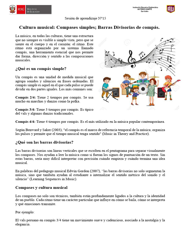 FICHA SESIÓN 15 - ARTE Y CULTURA 2025 4° AU - Cultura Musical - Compases Simples. Barras ...