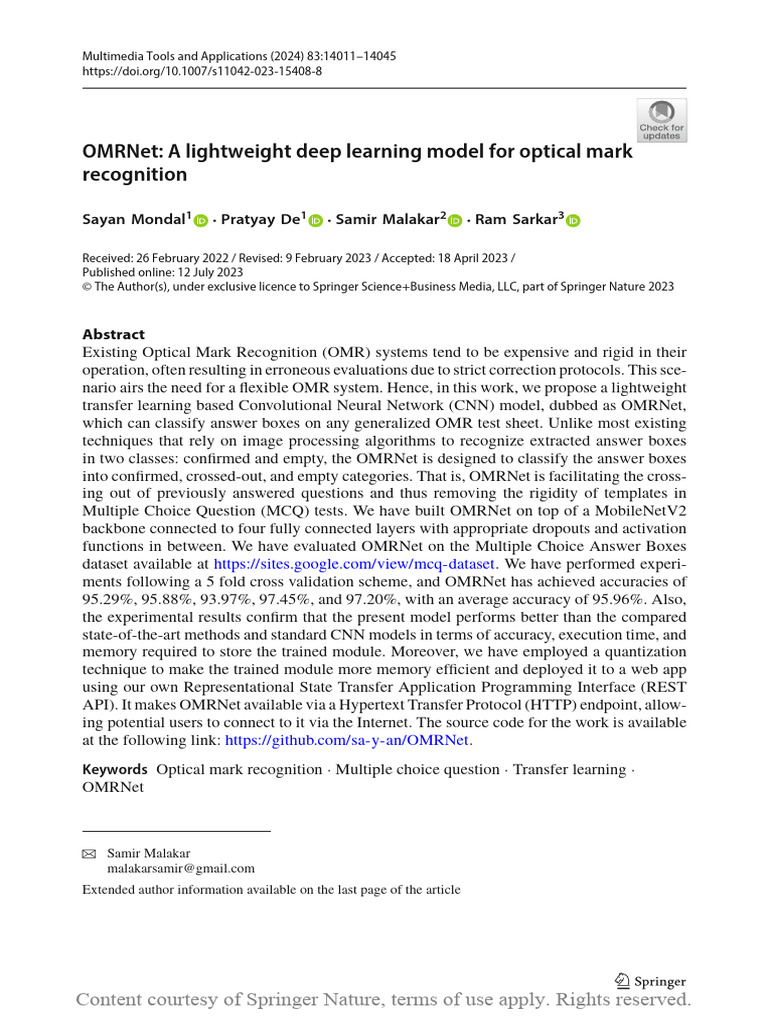 OMRNet A Lightweight Deep Learning Model For Optic | PDF | Deep Learning | Machine Learning