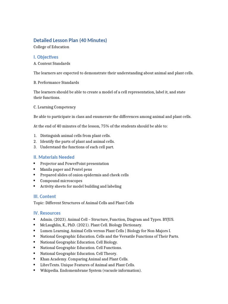 Grade 5 Cell Structure Lesson Plan | PDF | Cell (Biology) | Learning