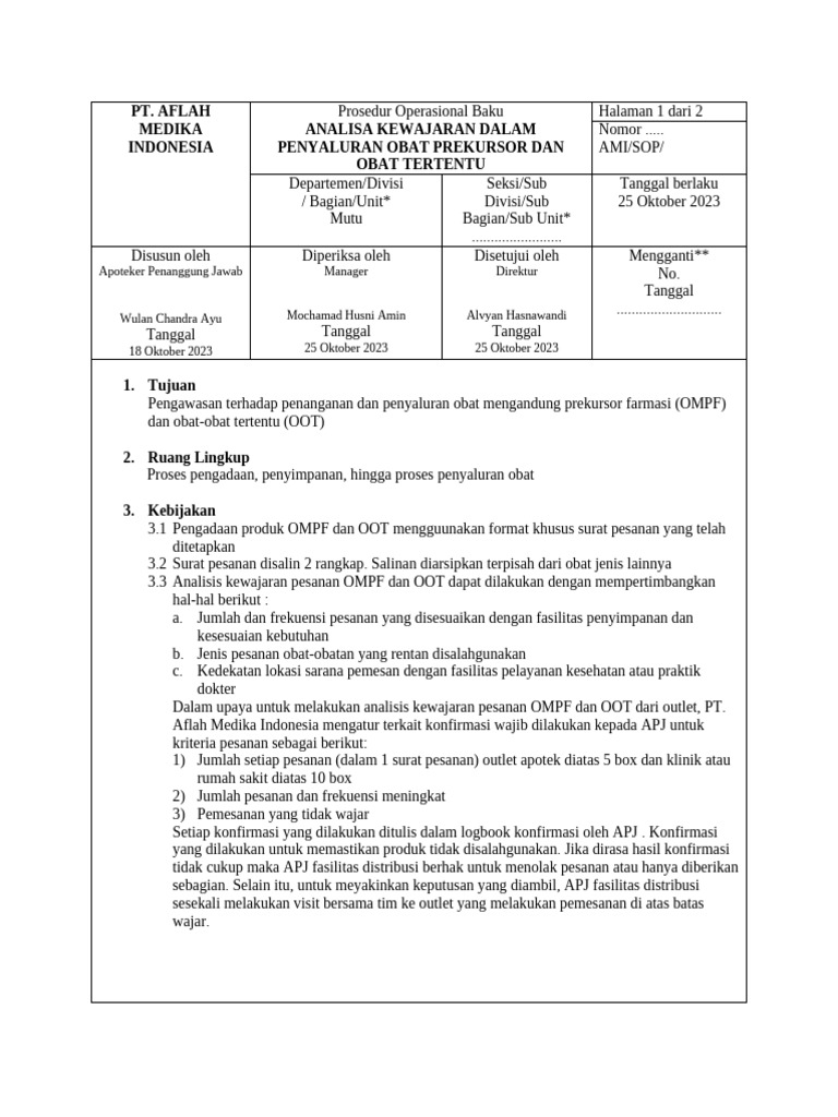 Sop Analisa Kewajaran Pemesanan Prekursor Oot | PDF