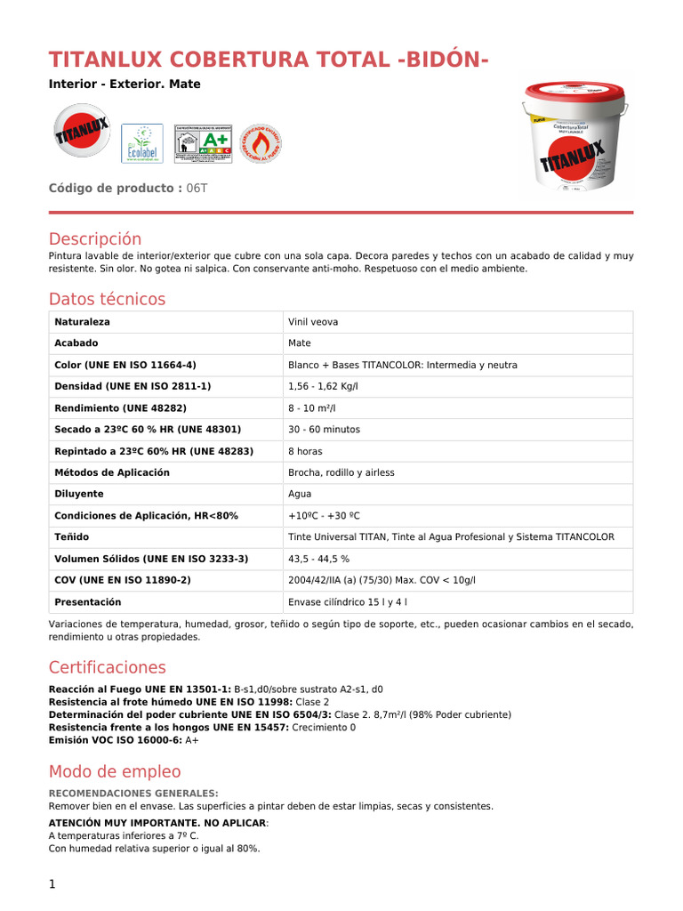 Pintura Titanlux Cobertura Total 15L | PDF