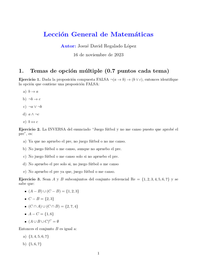 Lecci On General de Matem Aticas: 1. Temas de Opci On M Ultiple (0.7 ...