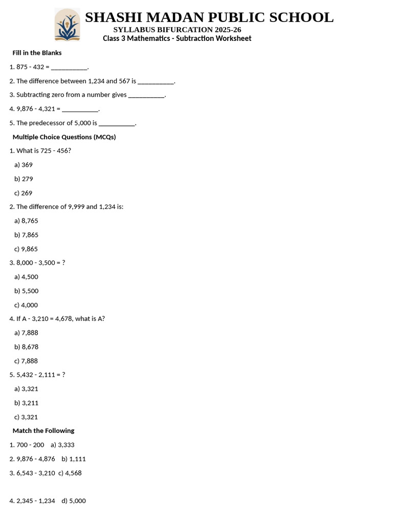 Class 3 Subtraction Worksheet 2025-26 | PDF