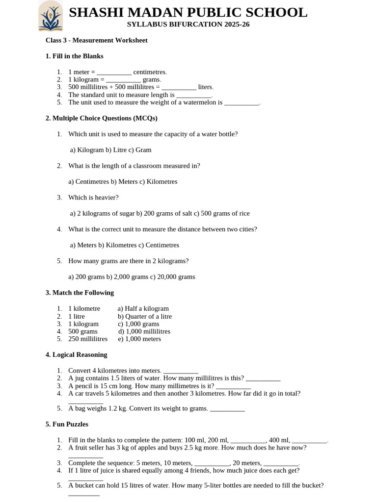 Class 3 Maths Measurement Worksheet | PDF