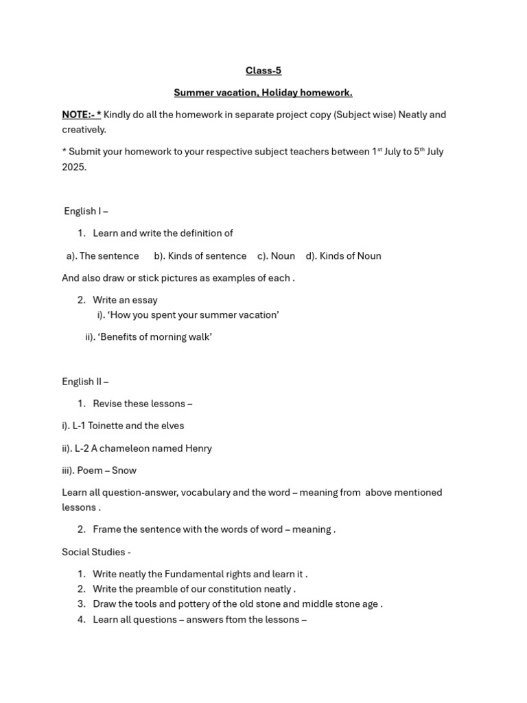 Class-5 Summer Vacation Homework | PDF | Multiplication