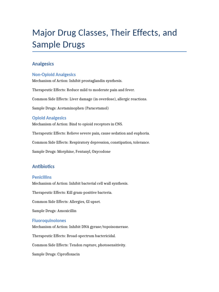 Complete Major Drug Classes Details | PDF | Analgesic | Clinical Medicine