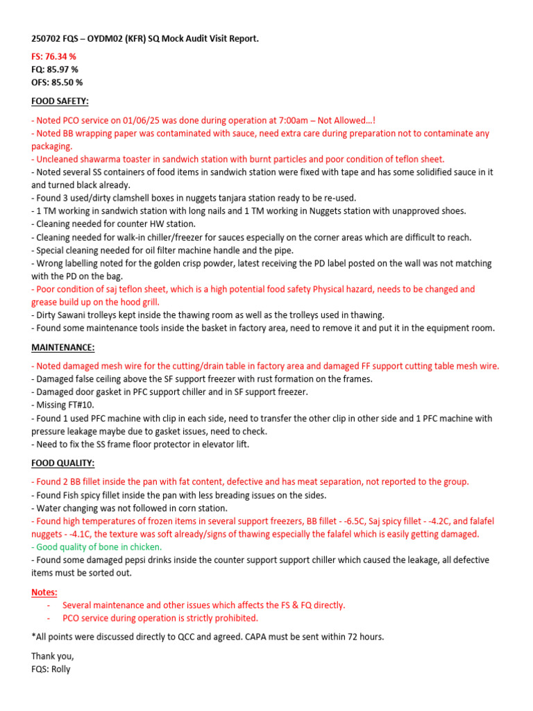 FQS - OYDM02 (KFR) SQ Mock Audit Visit Report. | PDF