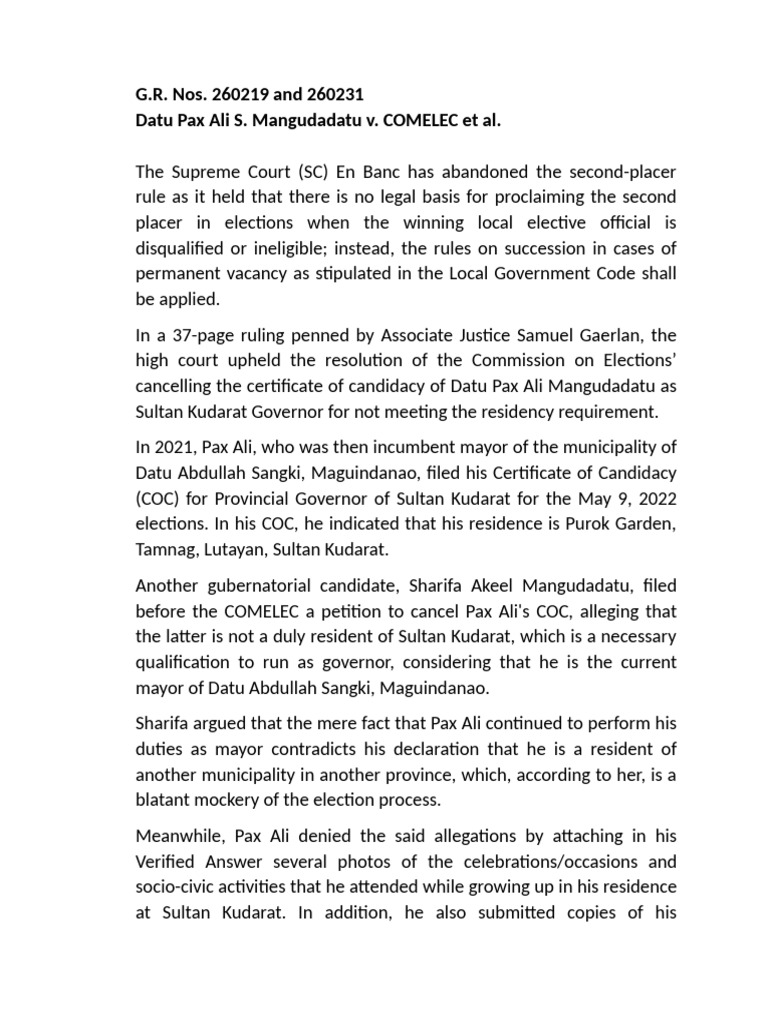 Mangudadatu v. COMELEC Ruling Summary | PDF | Elections | Public Law