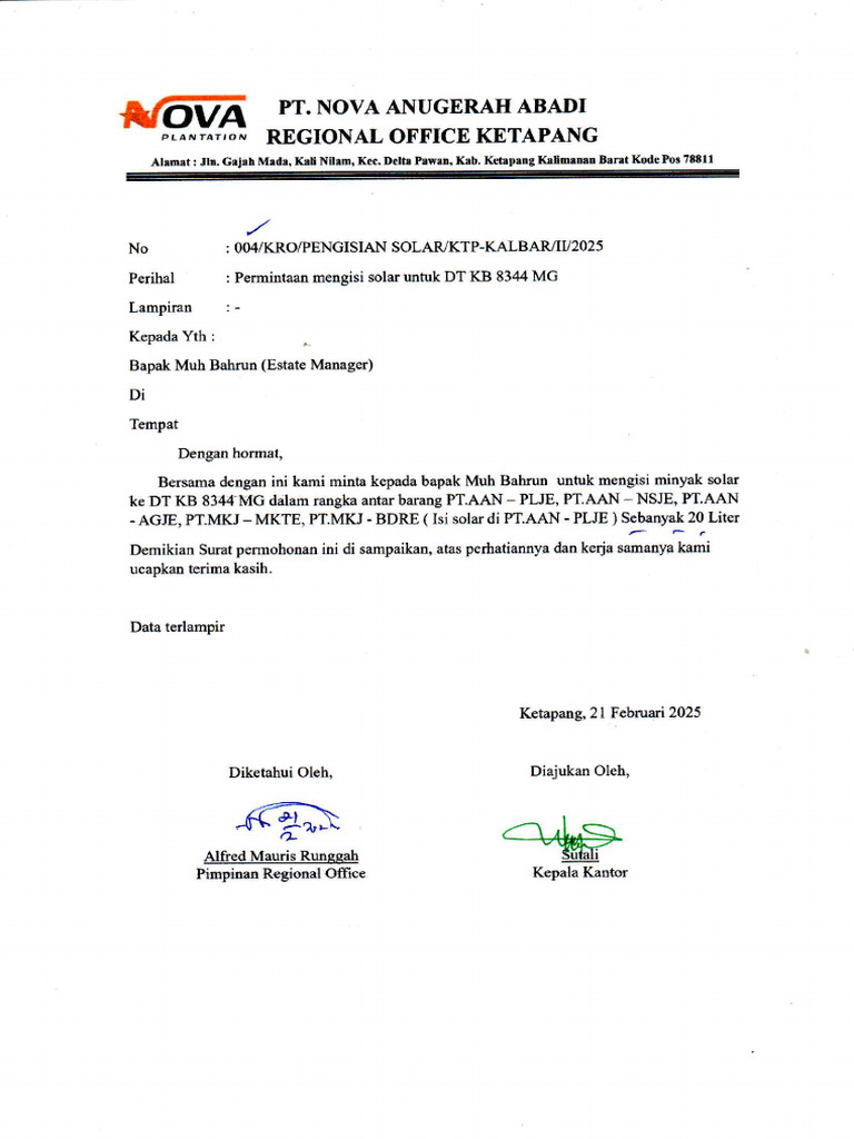 Surat Pengisian Solar PT AAN - PLJE 21 FEBRUARI 2025 | PDF