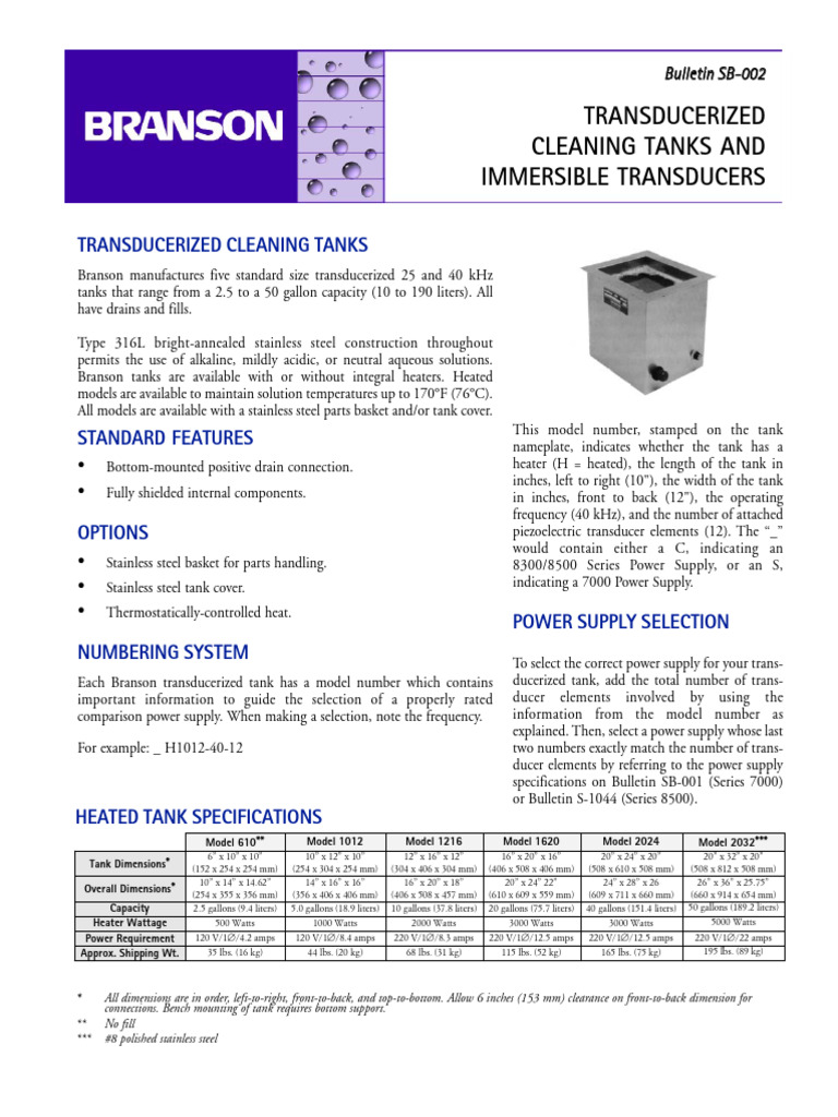 SB-002 Branson Cleaning Tanks and Transducers Color | PDF | Electrical ...