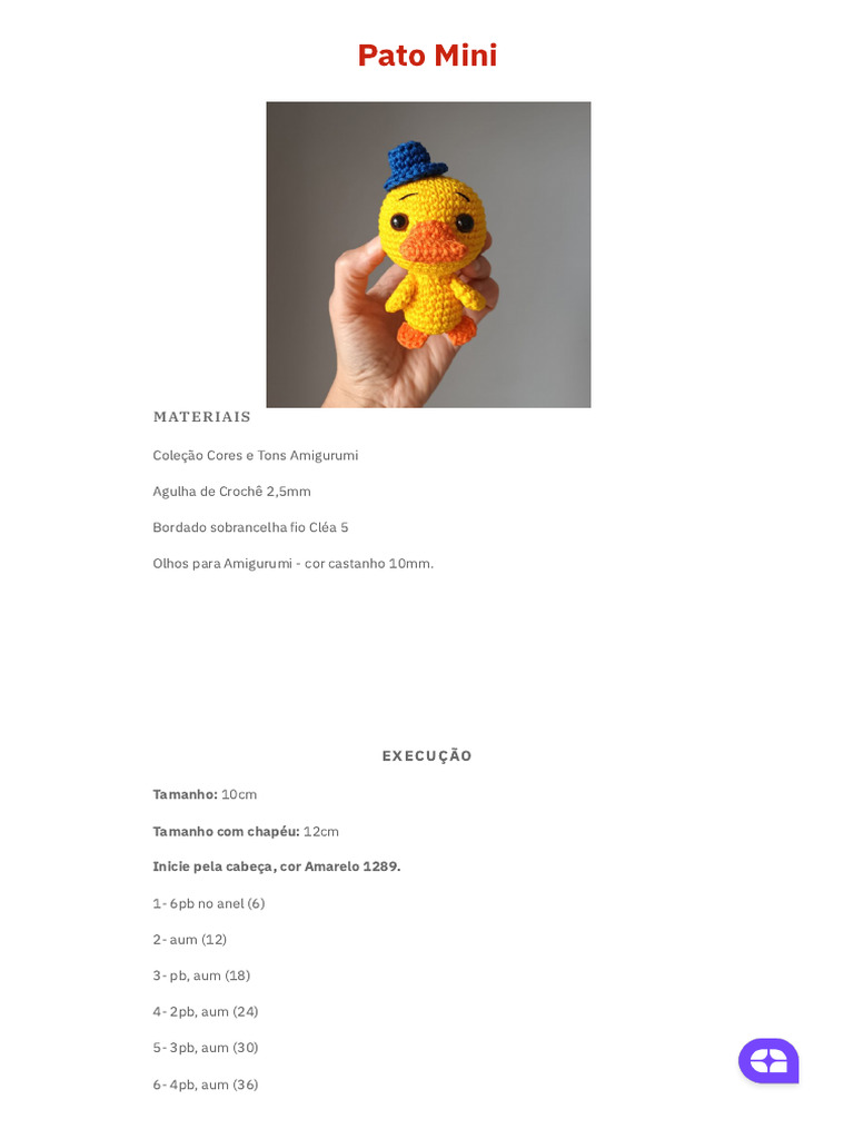 Tutorial de Crochê: Pato Mini Amigurumi | PDF