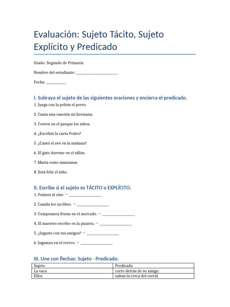 Evaluacion Sujeto Tacito Explicito Preguntas PredicadoInicio Segundo | PDF