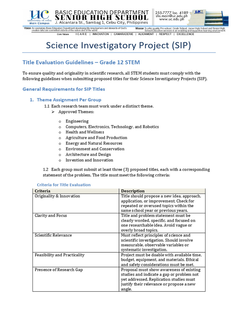 SIP Title Guidelines Revised With Rubric-1 | PDF | Science | Scientific ...
