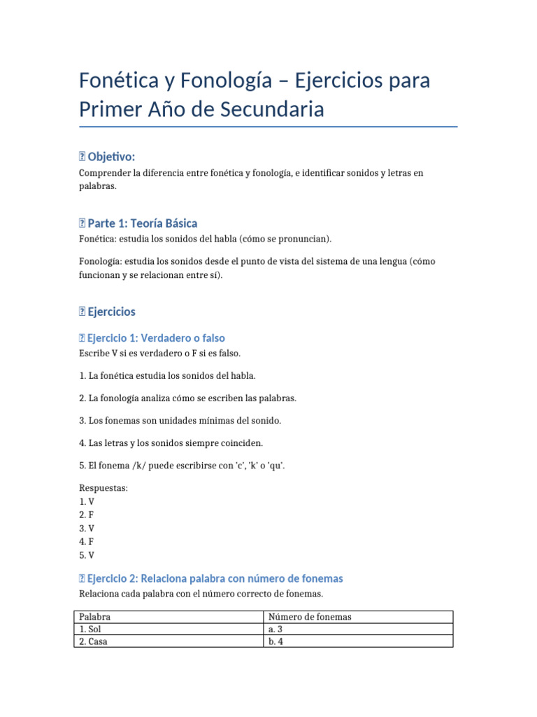 Fonetica y Fonologia 10 Ejercicios 1ro Secundaria | PDF