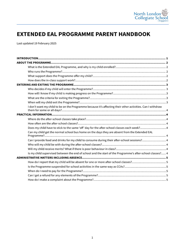 Extended EAL Programme20Parent Handbook Feb 2025 Onwards | PDF ...