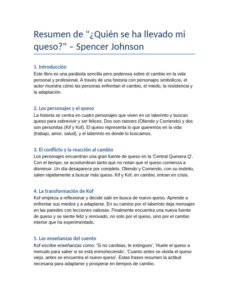Resumen Quien Se Ha Llevado Mi Queso | PDF