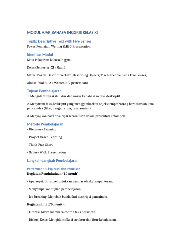 Modul Ajar Descriptive Text Kelas XI | PDF