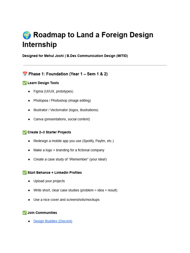 Foreign Design Internship Roadmap | PDF